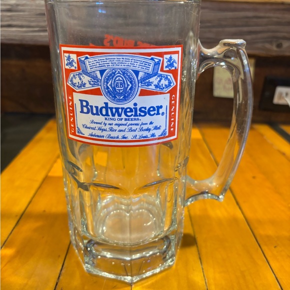 Budweiser | Dining | Budweiser Red And Blue Logo Glass Mug | Poshmark